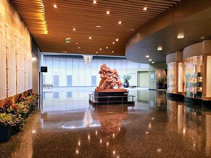 That gleaming lobby floor reflects everything so perfectly, you'll want to check if your hair looks good.