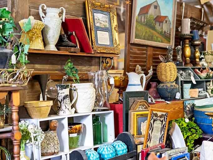 Vintage pitchers, ornate frames, and woven baskets create a collector's paradise that demands multiple visits to fully appreciate.
