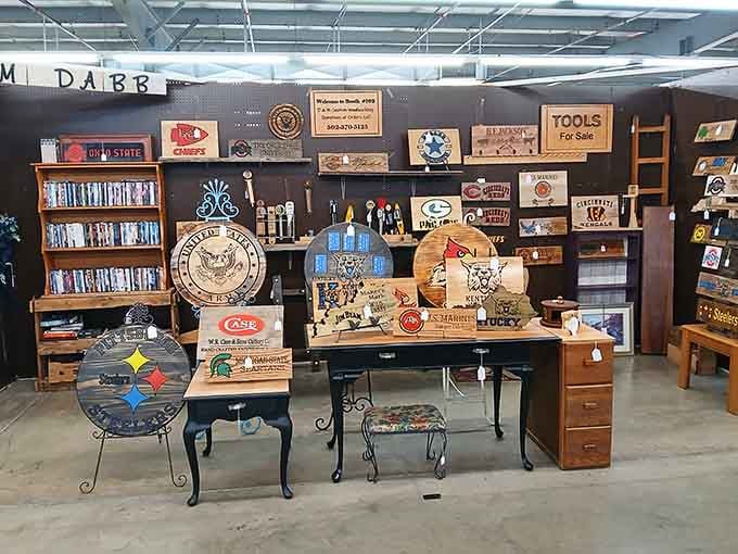Vintage advertising signs and handcrafted wooden pieces create a collector's dream come true in one booth.