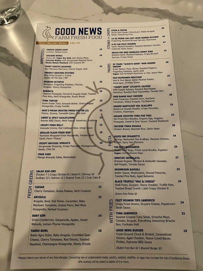 This menu reads like a love letter to fresh ingredients, offering everything from grass-fed beef to squid ink spaghetti.