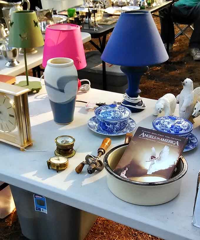 Colorful vintage lamps clustered together like a rainbow convention, each one ready to illuminate your questionable decorating choices.