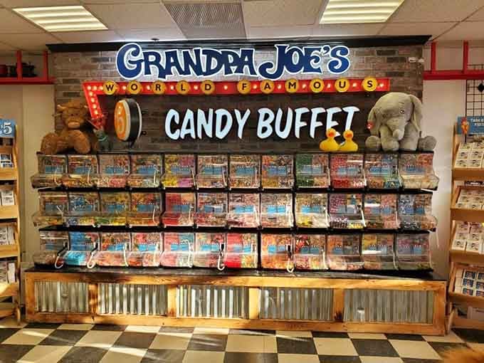 The candy buffet wall of dreams where decision-making becomes delightfully impossible and wonderfully overwhelming for everyone.