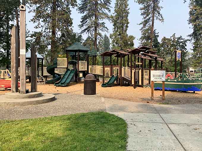 Riverside Park's playground sits beneath towering pines, where kids discover that the best screen is the great outdoors.