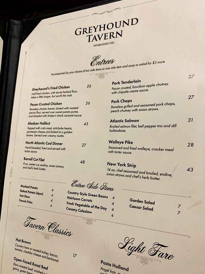 This menu reads like a love letter to Kentucky comfort food, with prices that won't require a second mortgage.