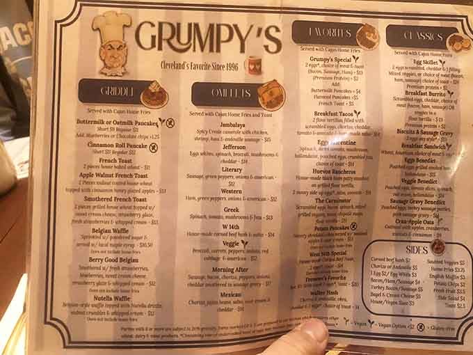 This menu reads like a greatest hits album of breakfast classics, each one worthy of its own fan club.