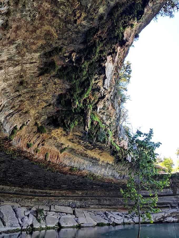 Moss-draped limestone walls tower overhead, creating a natural amphitheater where water and rock have danced for millennia.