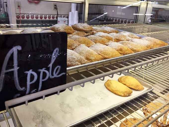Fresh fried apple pies lined up like golden treasures, each one a crispy, cinnamon-sugar-dusted ticket to pure happiness and contentment.