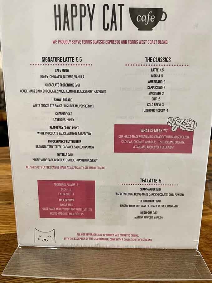 That menu reads like a love letter to both coffee snobs and cat lovers everywhere, brilliantly done.