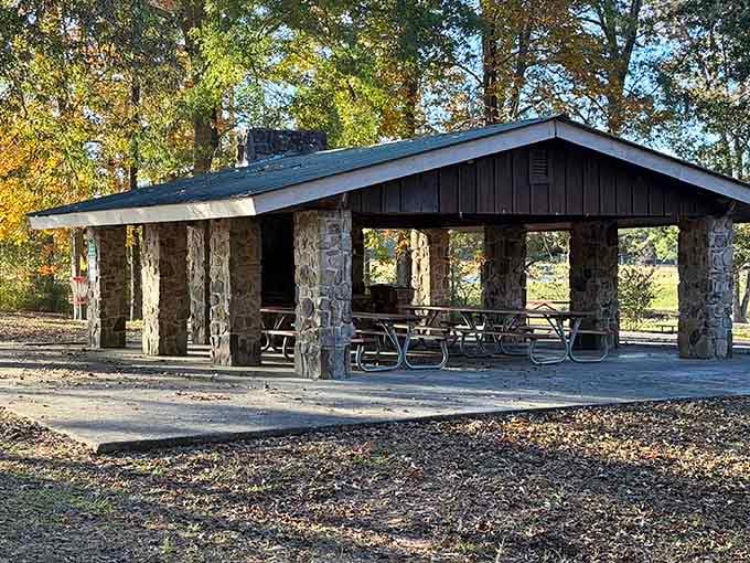 Stone pavilions built to outlast us all, perfect for family gatherings and contemplating simpler times.