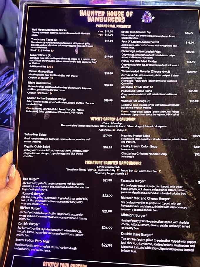 Menu items with names like Zombie Burger and Secret Potion Patty Melt prove creativity extends beyond the decor.