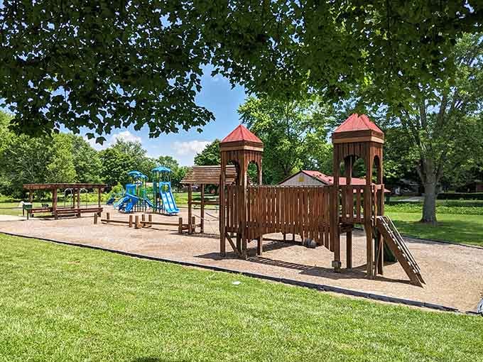 Sullivan Park's playground stands ready for action, because even small-town charm needs a place for kids to burn off apple cider energy.