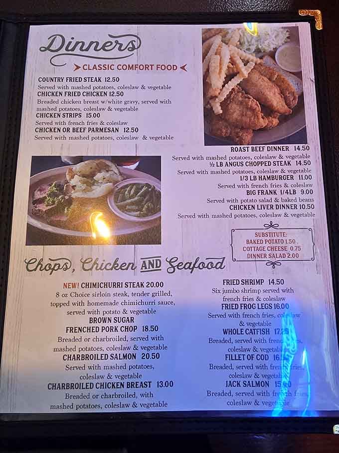 This menu speaks the universal language of classic American comfort food, no translation or culinary degree required here.