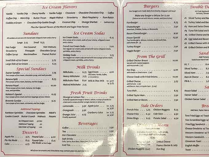 This menu offers everything from breakfast to dessert, proving some places understand life's full spectrum of cravings.