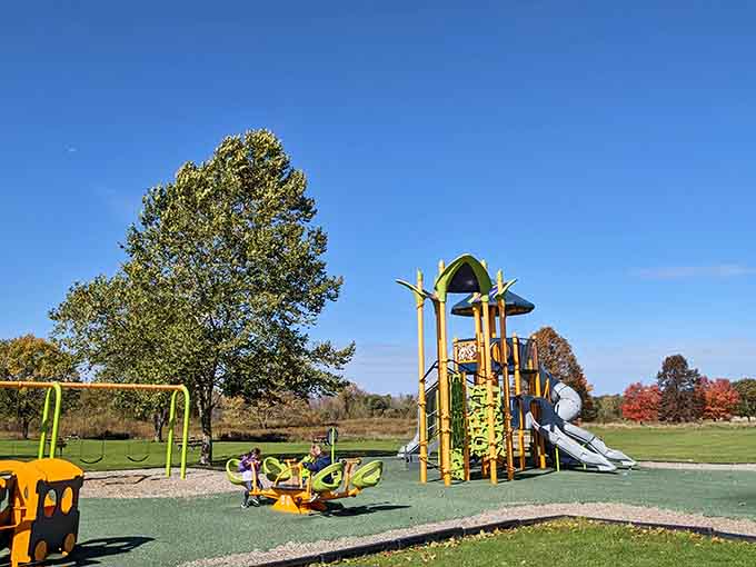 Modern playgrounds in Jamestown mean your kids get entertainment while you contemplate those low rent prices.