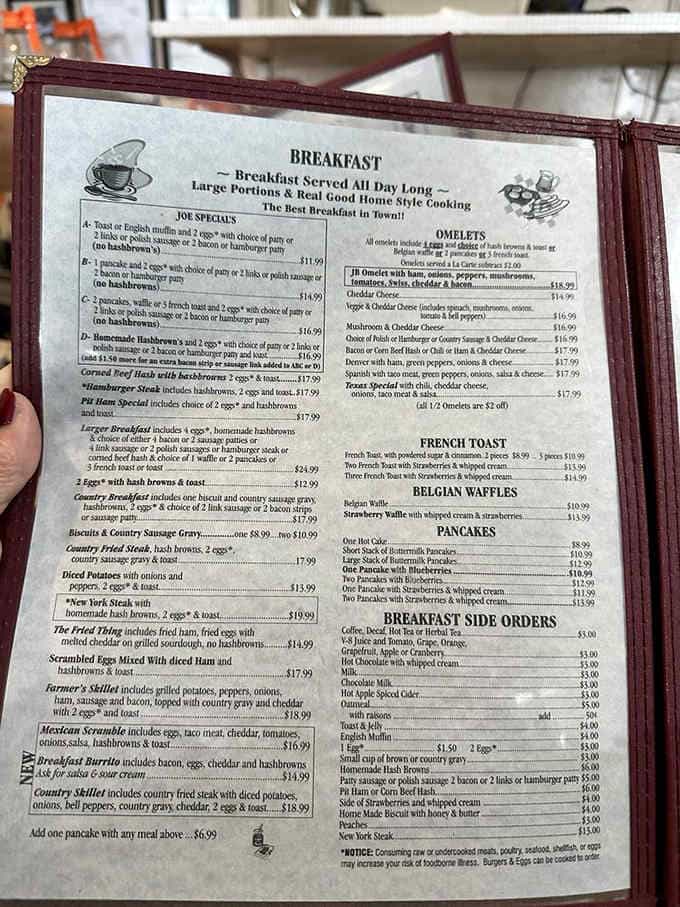 This menu reads like a love letter to breakfast, offering more delicious decisions than a Netflix queue.
