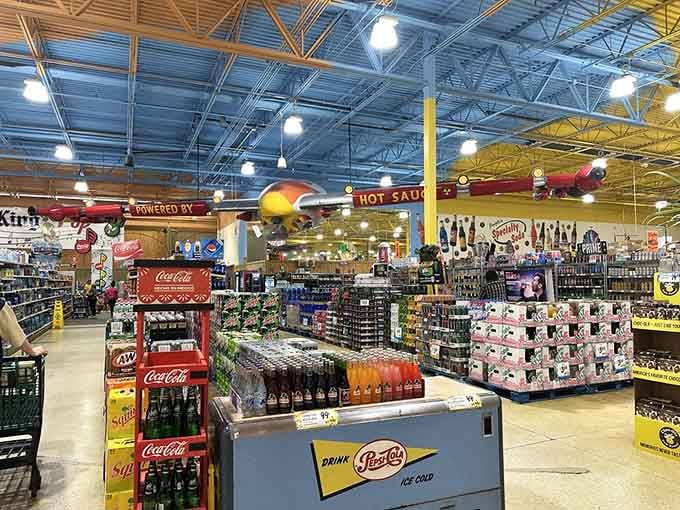 Overhead displays and themed sections turn a simple shopping trip into an unexpected visual adventure.