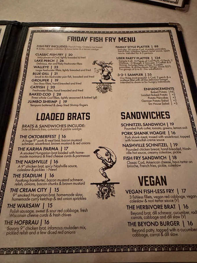 Decisions, decisions: with options from walleye to blue gill, this menu turns fish fry into a choose-your-own-adventure.