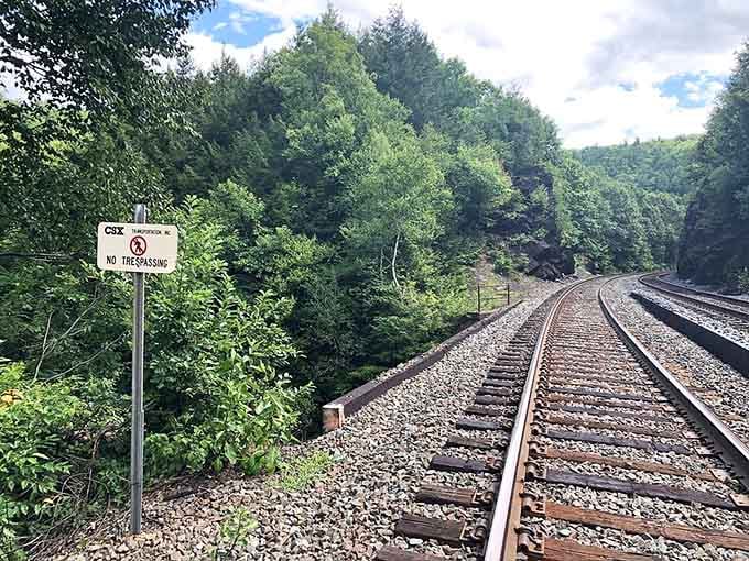 Active railroad tracks remind you this historic route still has a day job in the 21st century.