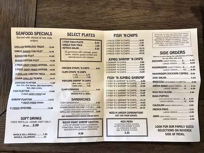 This menu is your treasure map to seafood happiness, offering everything from classic fish and chips to grilled perfection.