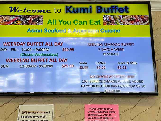 The menu board lays it all out: Asian seafood meets American cuisine in an all-you-can-eat arrangement that's basically diplomacy.
