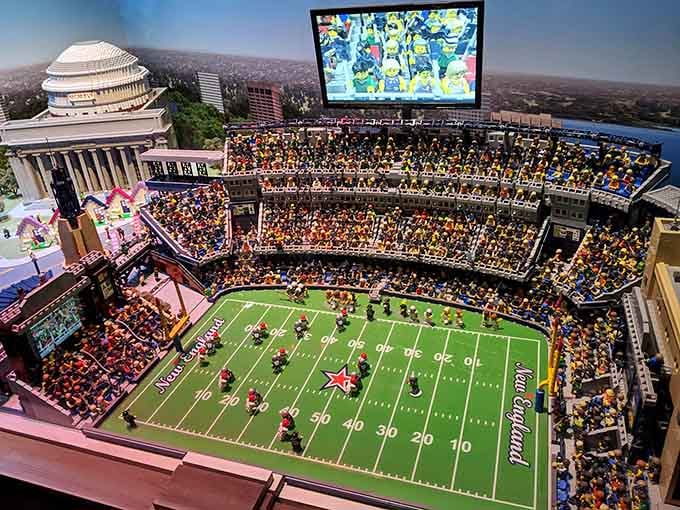 Gillette Stadium recreated in LEGO bricks, complete with tiny fans who probably paid less than real ticket prices.