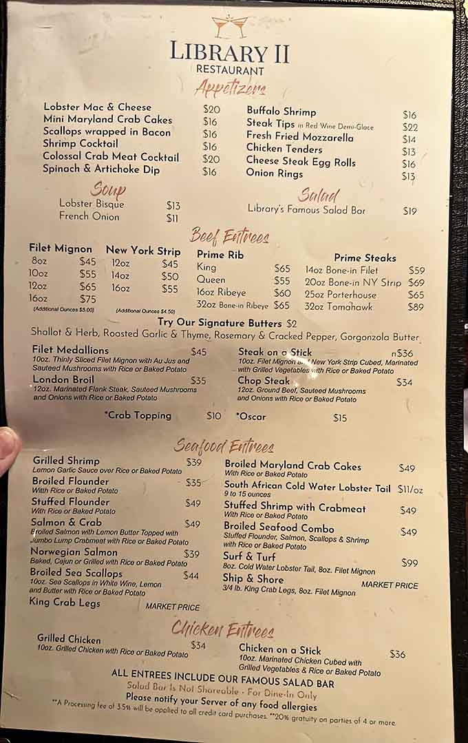 This menu reads like a love letter to beef, with enough seafood options to keep everyone at the table happy.