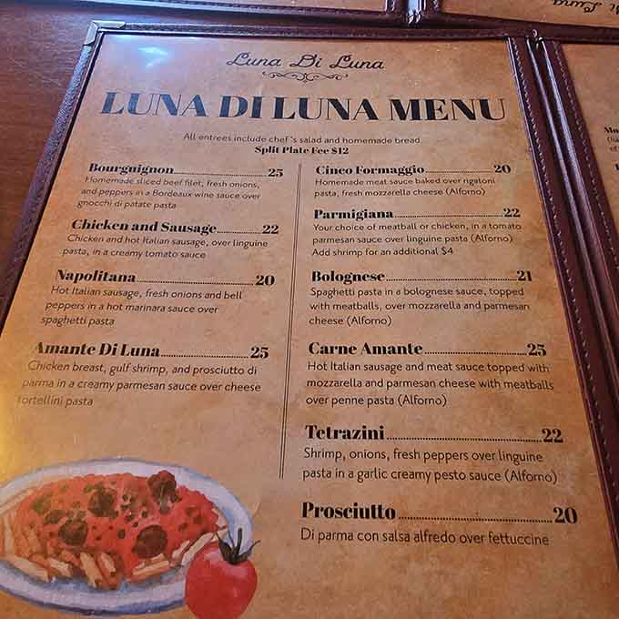 This menu is your roadmap to pasta paradise, where every dish promises to make you forget about chain restaurant spaghetti.