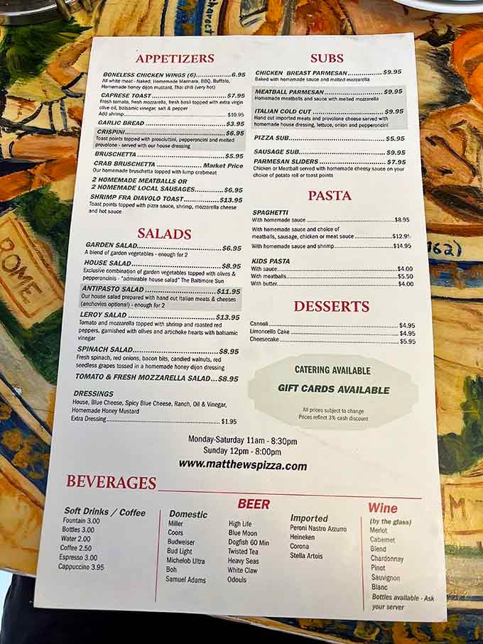 The menu tells you everything you need to know: this is serious pizza made by people who care.