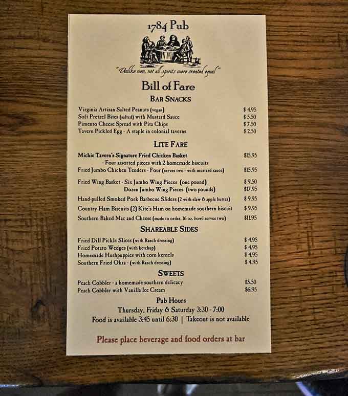 The 1784 Pub menu proves that even colonial taverns knew the importance of fried chicken and peach cobbler.