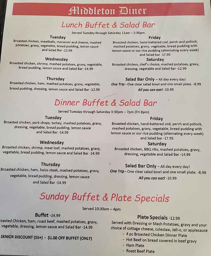 The daily buffet lineup reads like a love letter to comfort food, changing just enough to keep things interesting.