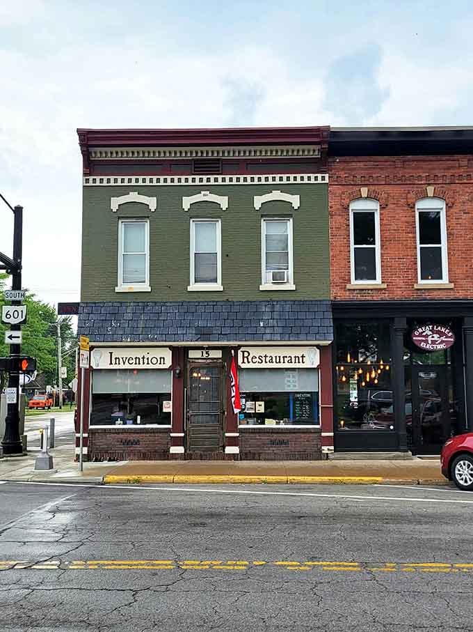 The Invention Restaurant occupies a storefront that looks like it hasn't changed since Edison himself might have walked past it.