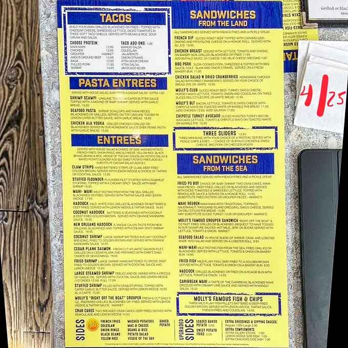 This menu reads like a love letter to the Gulf, offering everything from tacos to pasta with serious seafood credentials.