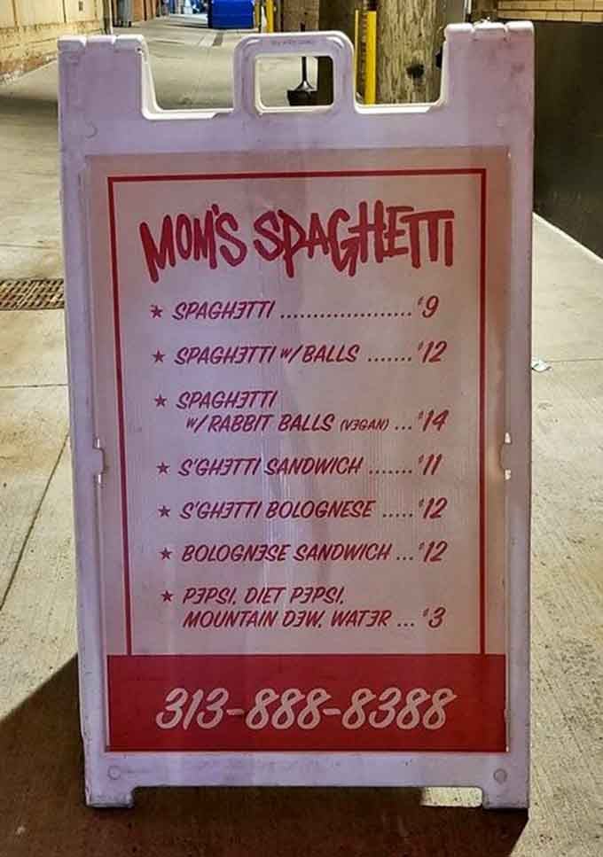 The menu's simplicity is its genius: spaghetti, sandwiches, and pure Detroit attitude on display.