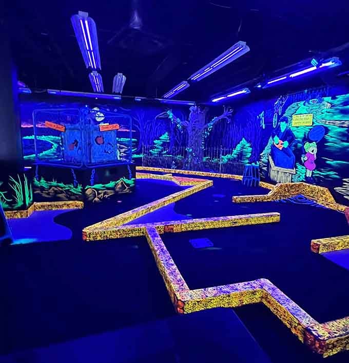 Glittering gold pathways wind through a fluorescent forest where every putt feels like an adventure.
