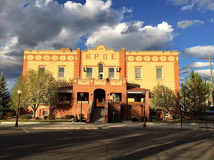 The BPOE Lodge stands proud in terracotta glory, a landmark where community gatherings have happened for generations.