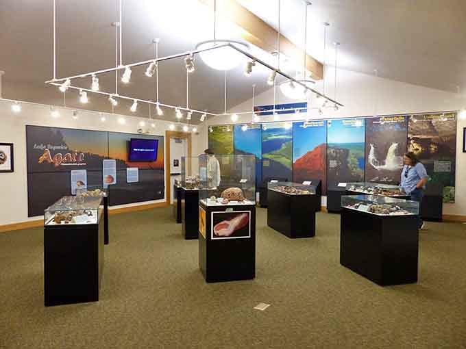 A billion years of geological history displayed under modern lighting, making rocks look downright glamorous.
