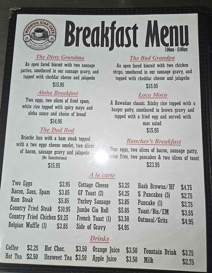 Menu names like "The Dirty Grandma" show someone here has serious fun with their breakfast game.