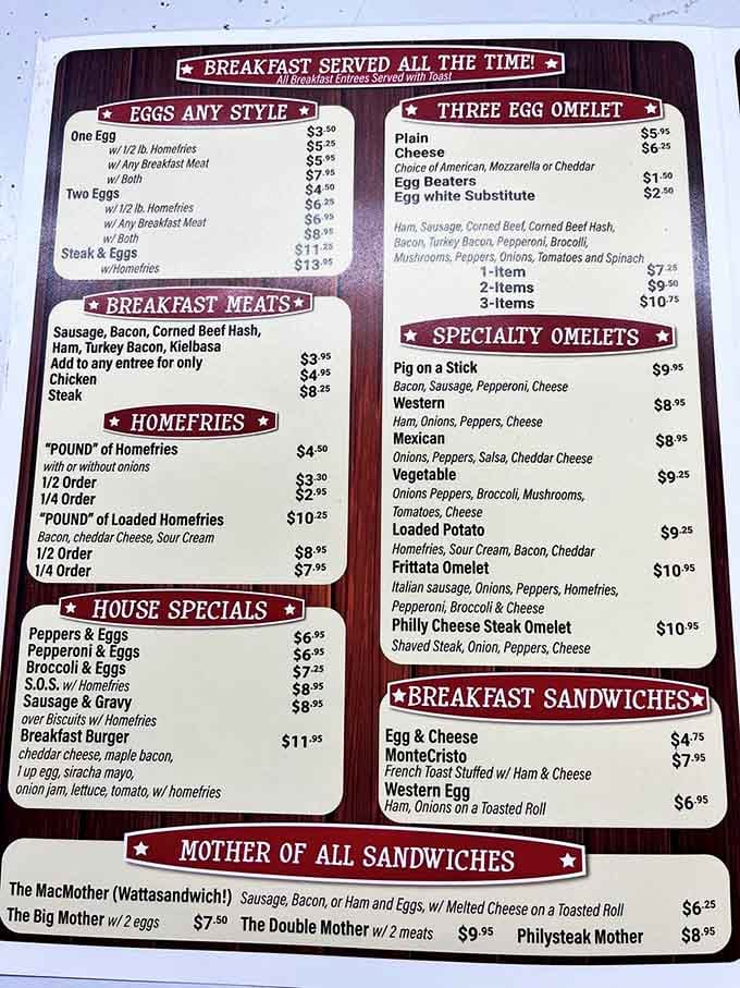 When a menu proudly declares "Breakfast Served All The Time!" you know they understand what really matters in life.
