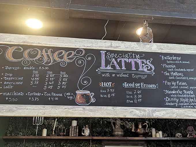 The menu board proves that even wizards need their caffeine fix, with specialty lattes that sound absolutely spellbinding.