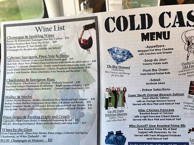 Between the wine list and the "Cold Case Menu," you'll find everything needed for a sophisticated evening of sleuthing and sipping.