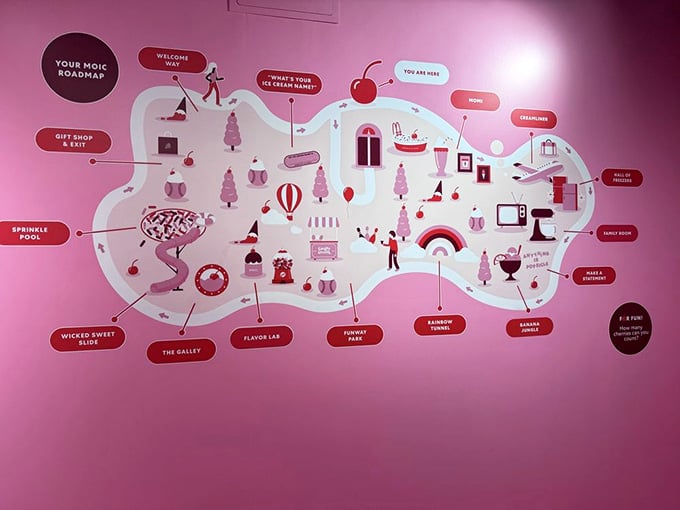 Your roadmap to happiness is literally spelled out in pink, complete with sprinkle pools and swing sets.