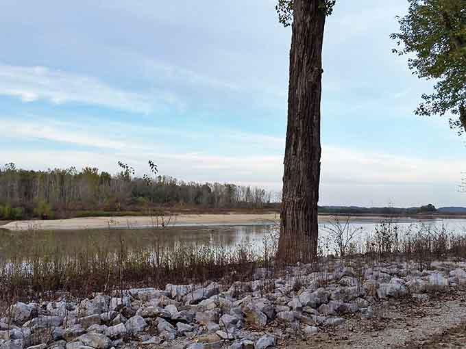The Wabash River shoreline offers the same peaceful views that convinced idealists this was paradise.