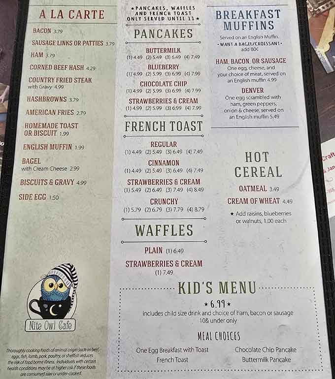 A breakfast menu this generous is basically a love letter written entirely in pancakes and gravy.