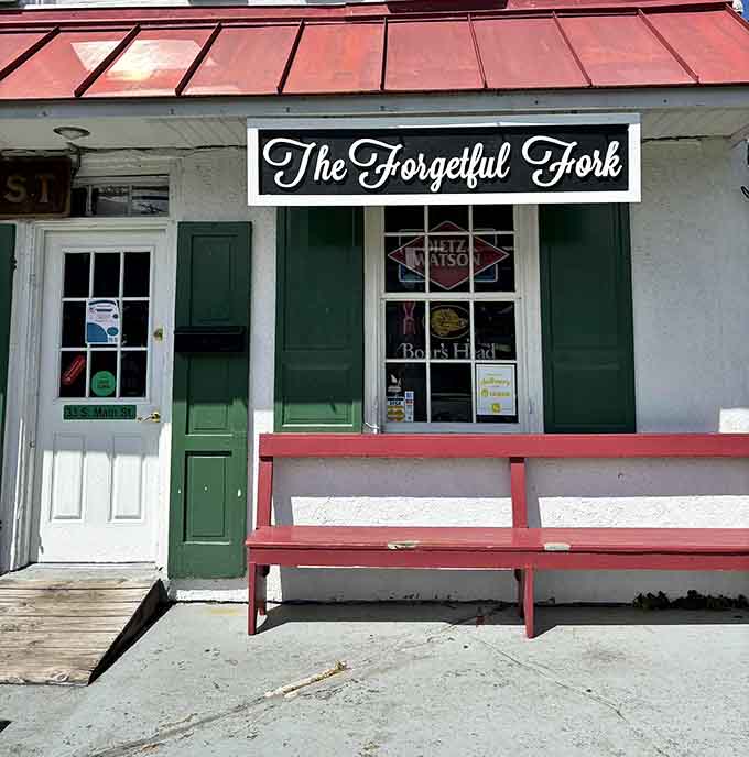 The Forgetful Fork's charming storefront with that red bench practically begs you to sit and stay awhile in North East.