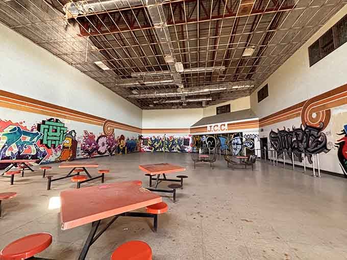 Prison cafeteria tables covered in graffiti art: where institutional dining meets unexpected creativity in the most Illinois way possible.