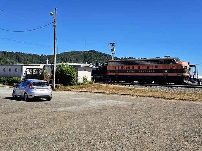 A classic diesel locomotive waits patiently in town, proving that vintage trains still have a place in modern Oregon.