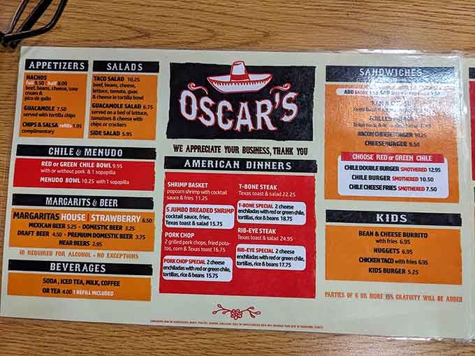The menu offers everything from traditional chile to American dinners, because variety is the spice of life.