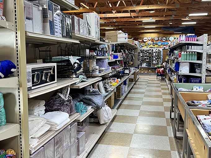 Stroll through rows of organized shelves filled with home essentials and surprises, all waiting for you at this massive outlet.