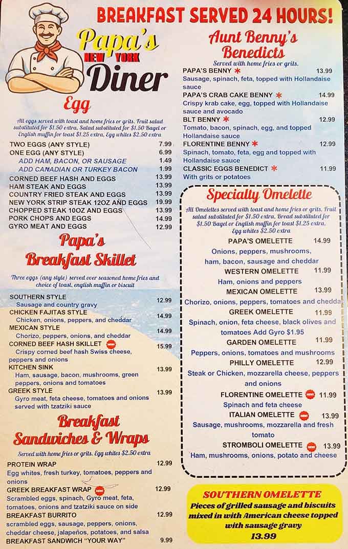 Papa's New York Diner menu showcases breakfast creativity, from classic Benedicts to that wild Southern Omelette.