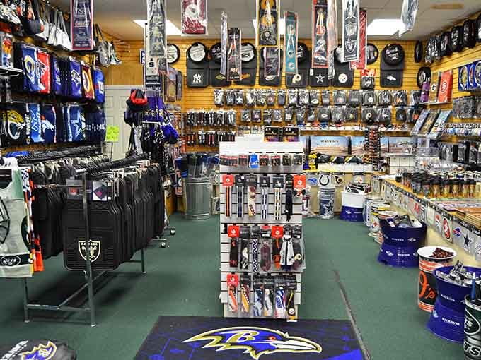 Sports fans, prepare to lose your minds at this wall of team merchandise and memorabilia galore.